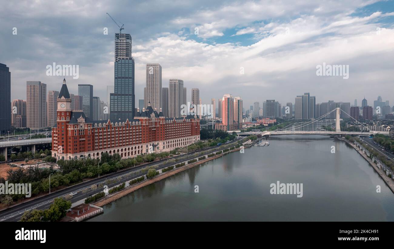 Aerial photos of Haijin Bridge and Fumin Bridge along the Haihe River ...