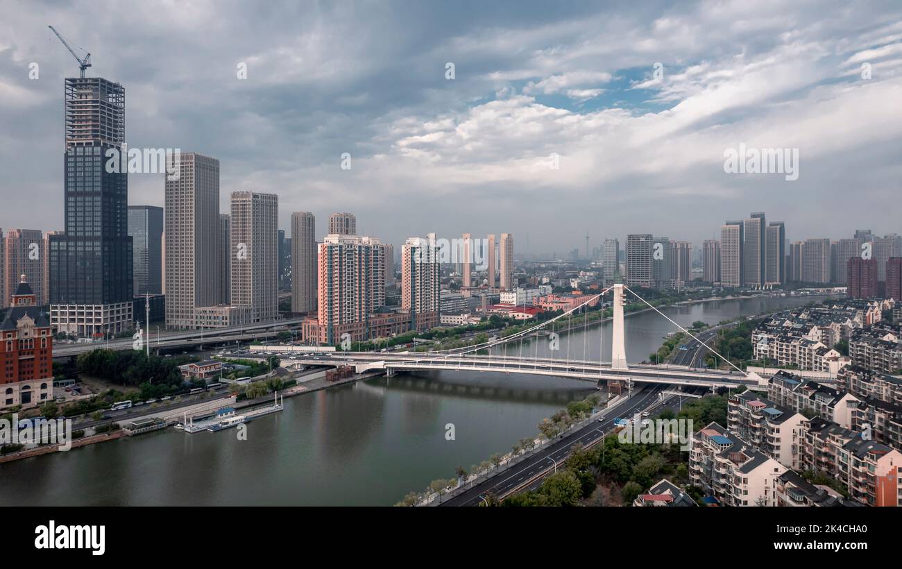 Aerial photos of Haijin Bridge and Fumin Bridge along the Haihe River ...