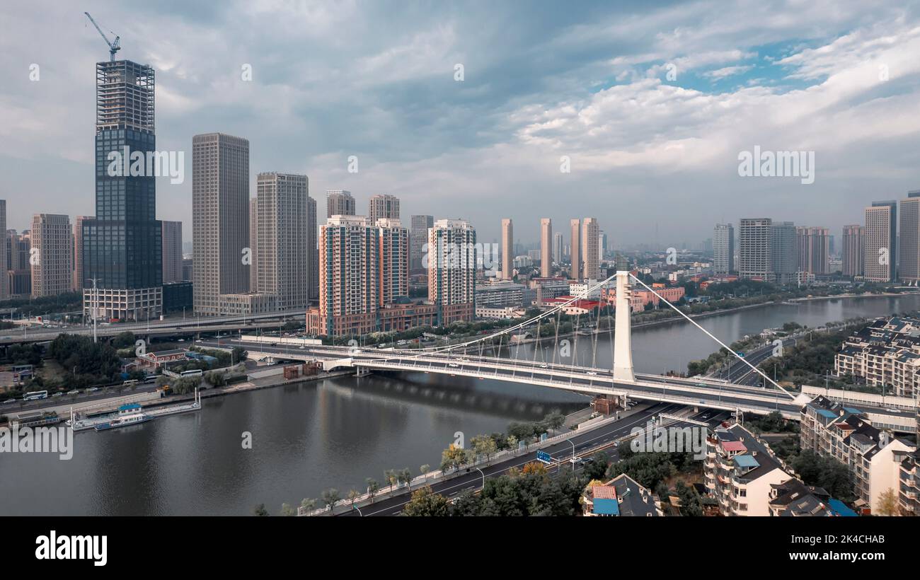 Aerial photos of Haijin Bridge and Fumin Bridge along the Haihe River ...