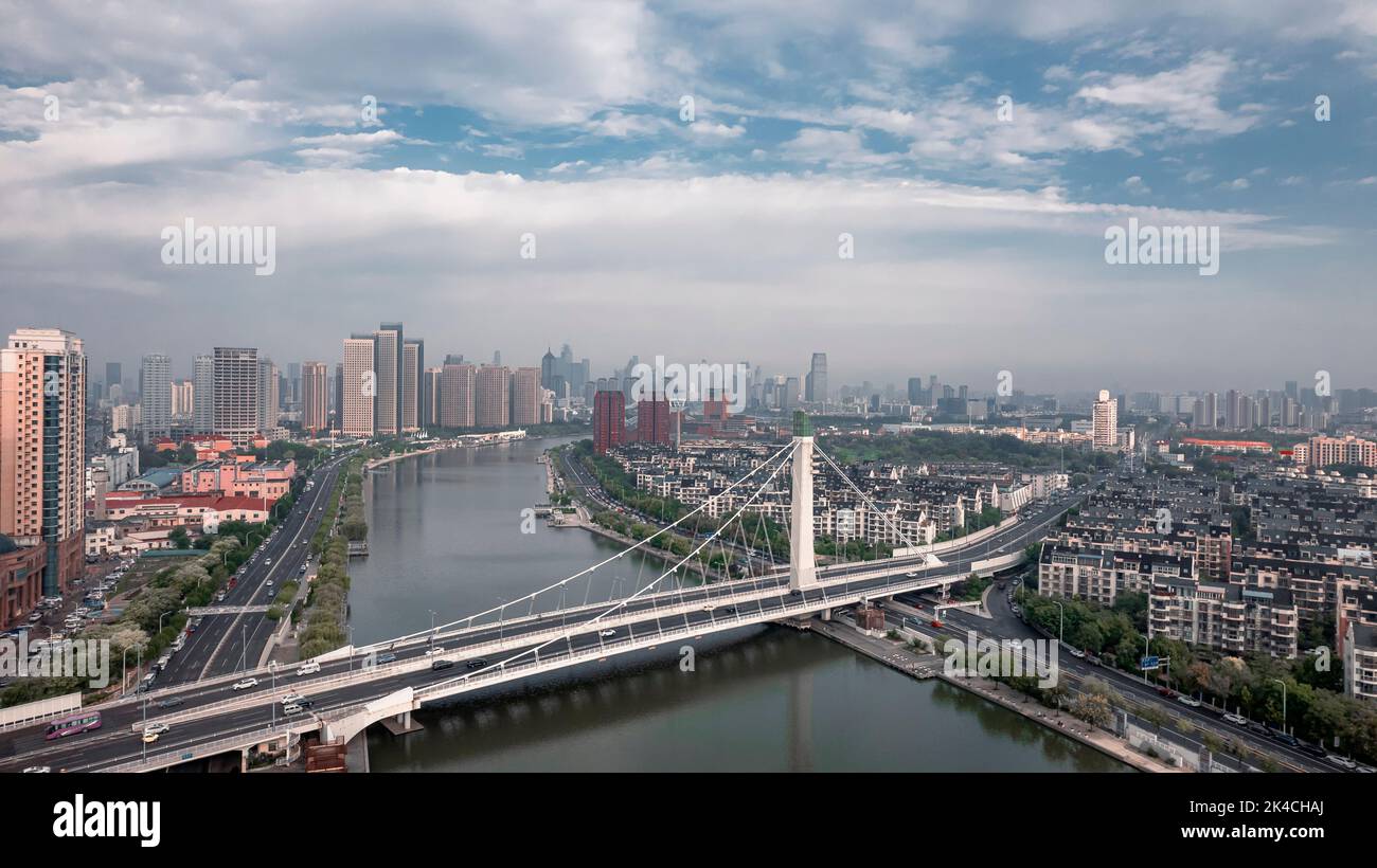 Aerial photos of Haijin Bridge and Fumin Bridge along the Haihe River ...