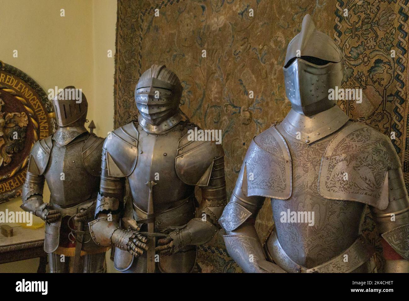 A closeup of different designs for soldier armor at Castle Clam in ...