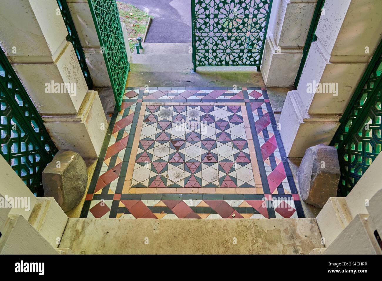 A low-angle of Minton tiles on the Mausoleum porch floor at Montefiore ...