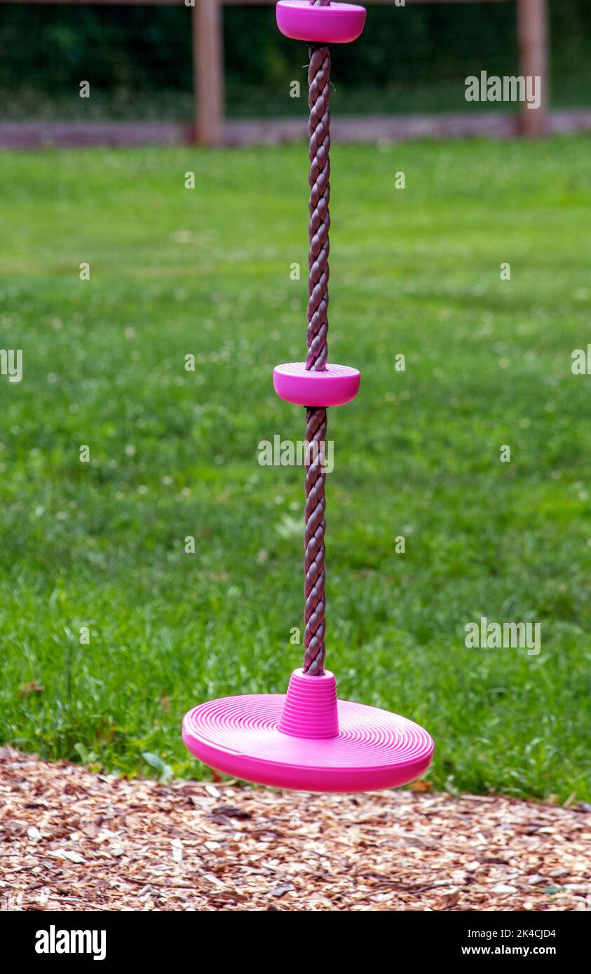 A round child's swing hangs from a tree branch in her favorite color ...