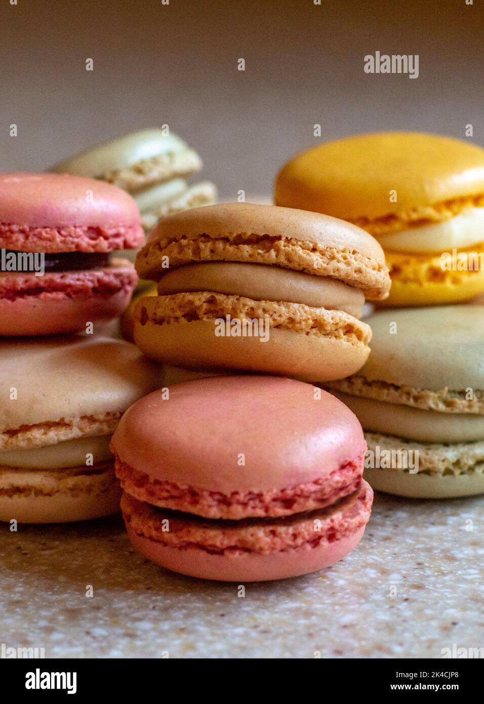 Still life of french macarons close up, in many colors and flavors ...