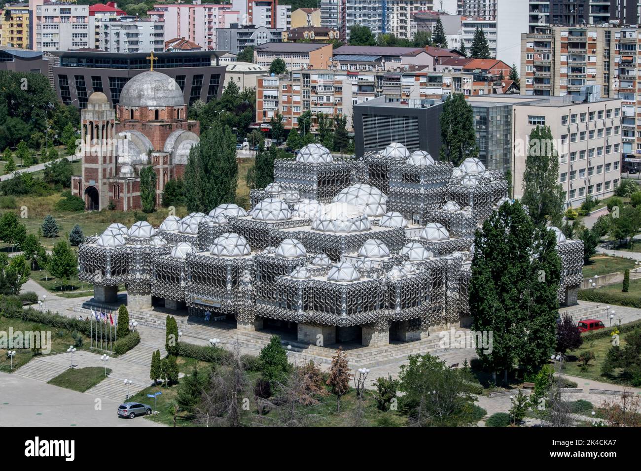 Elevated view of National Library of Kosovo, in Pristina, built in ...