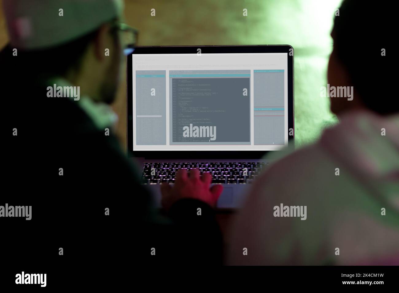Back view of two diverse male colleagues at desk using computer with coding on screen. coding ...