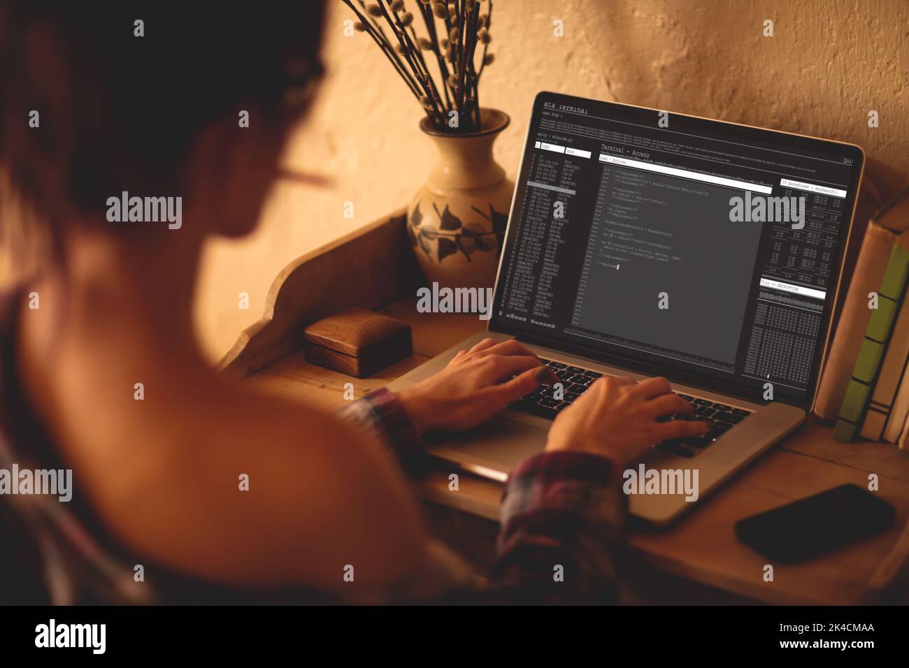Back view of caucasian female programmer sitting at desk, using laptop with coding on screen ...
