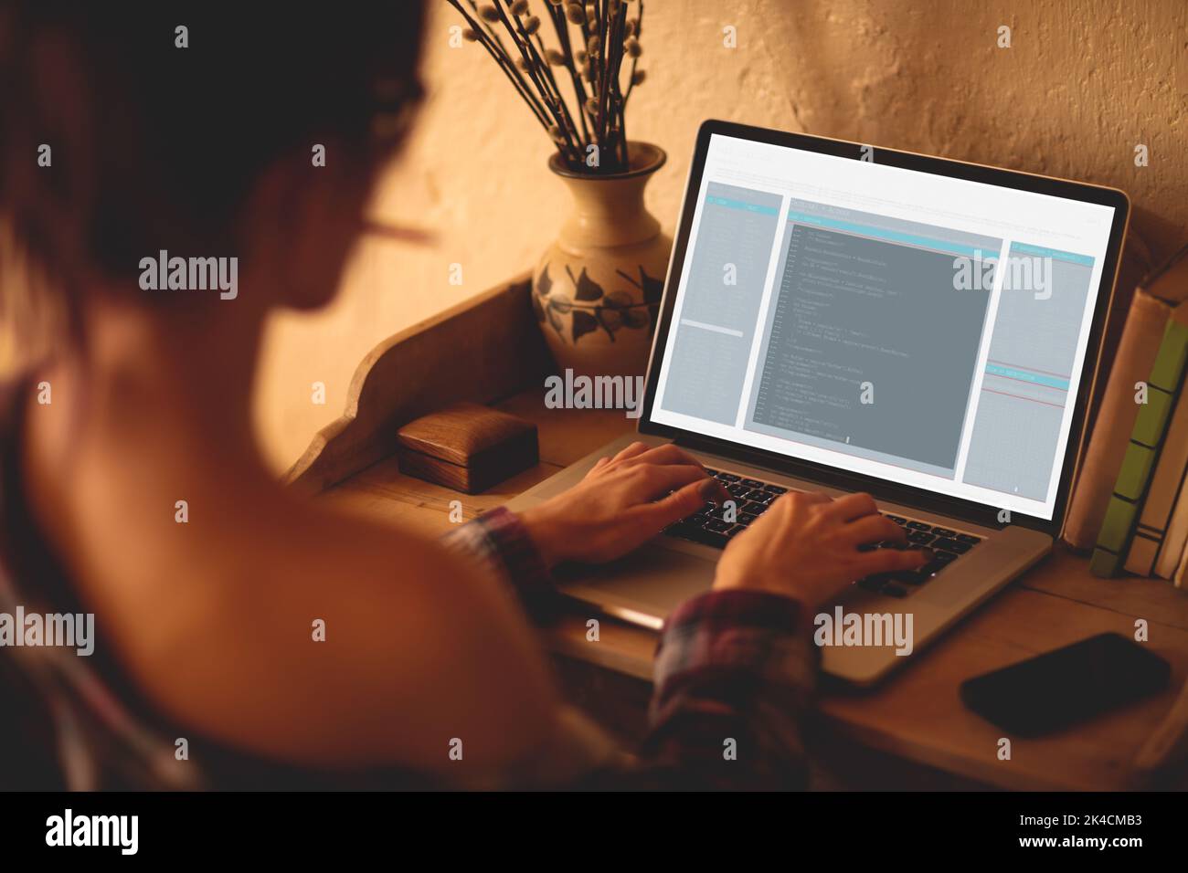 Back view of caucasian female programmer sitting at desk, using laptop ...