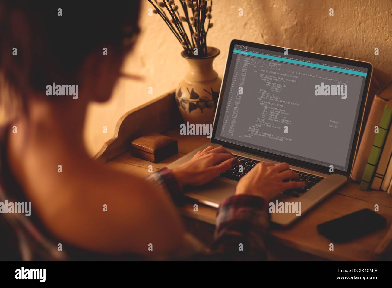 Back view of caucasian female programmer sitting at desk, using laptop with coding on screen ...