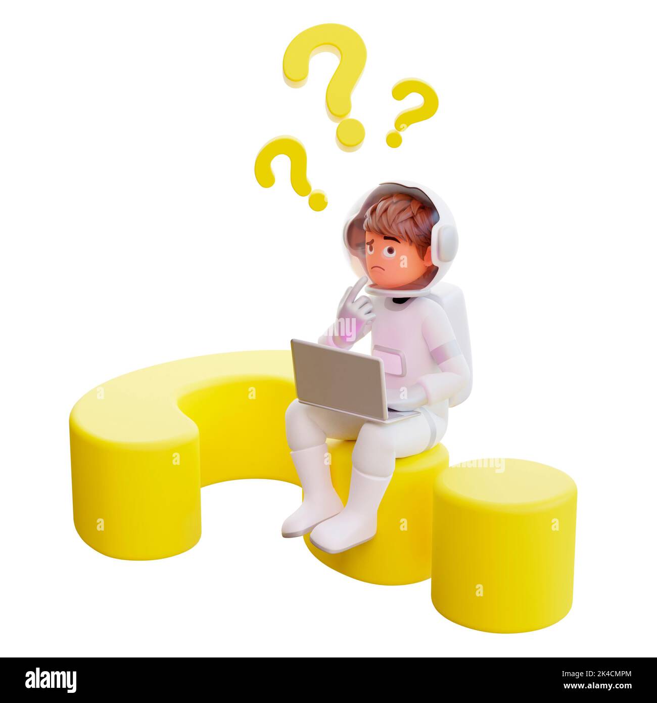 A 3d render of a guy in an astronaut suit sitting on a yellow question ...
