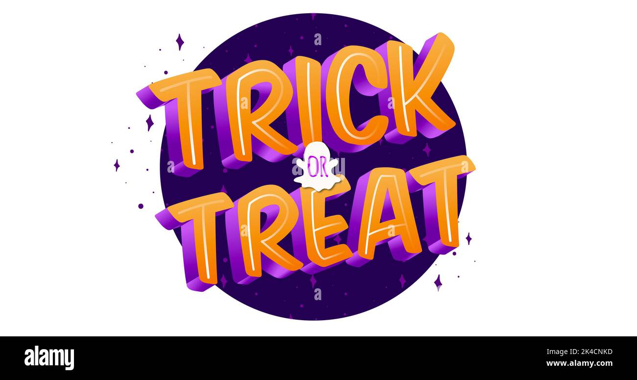 Composition of halloween trick or trick orange text over purple circle ...
