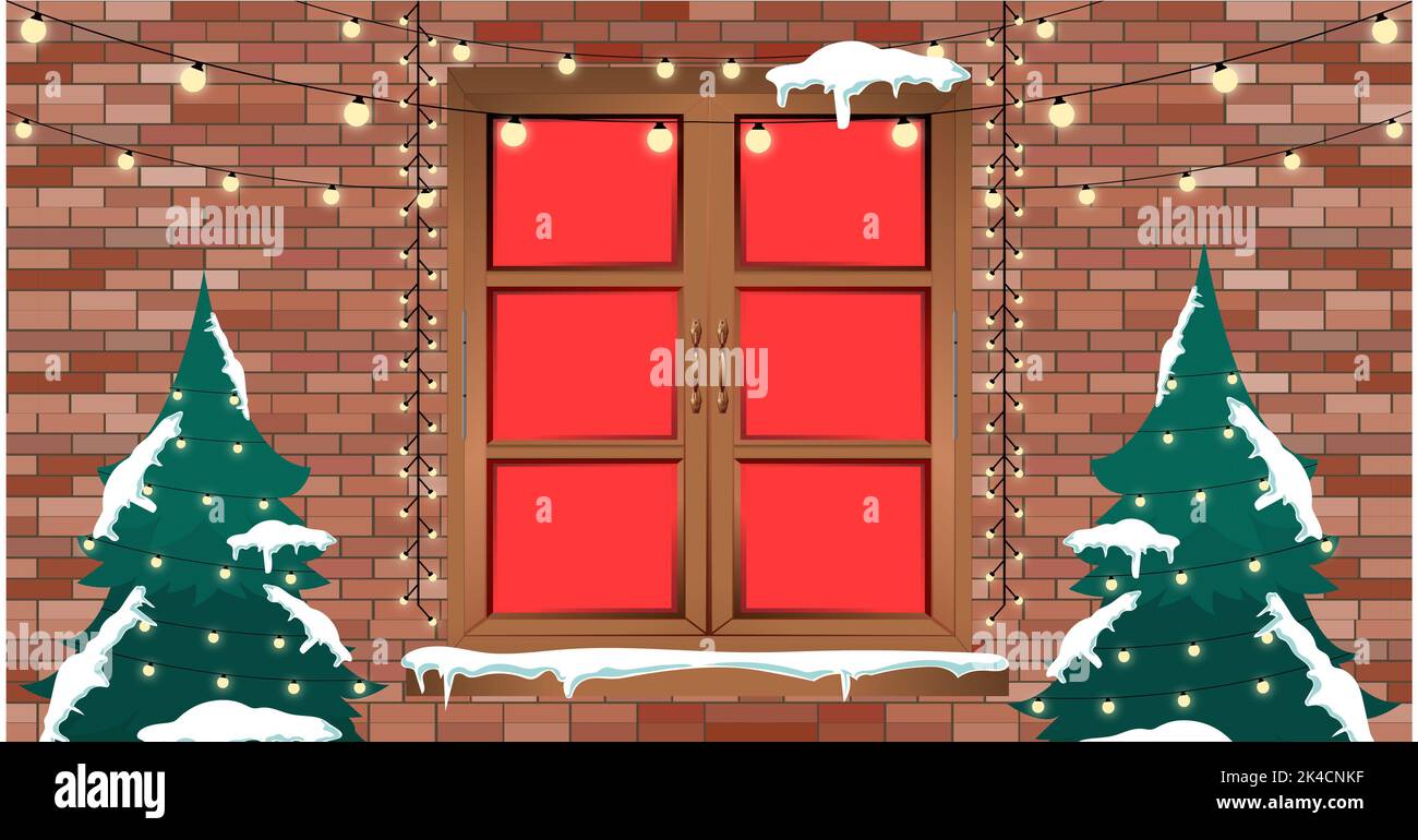 Animation of christmas fairy light and two christmas trees over window ...