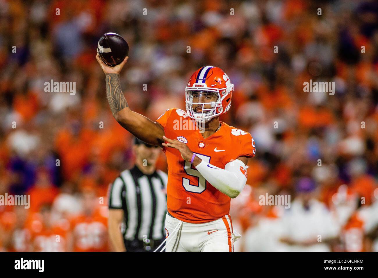 October 1, 2022: Clemson Tigers quarterback DJ Uiagalelei (5) throws on ...