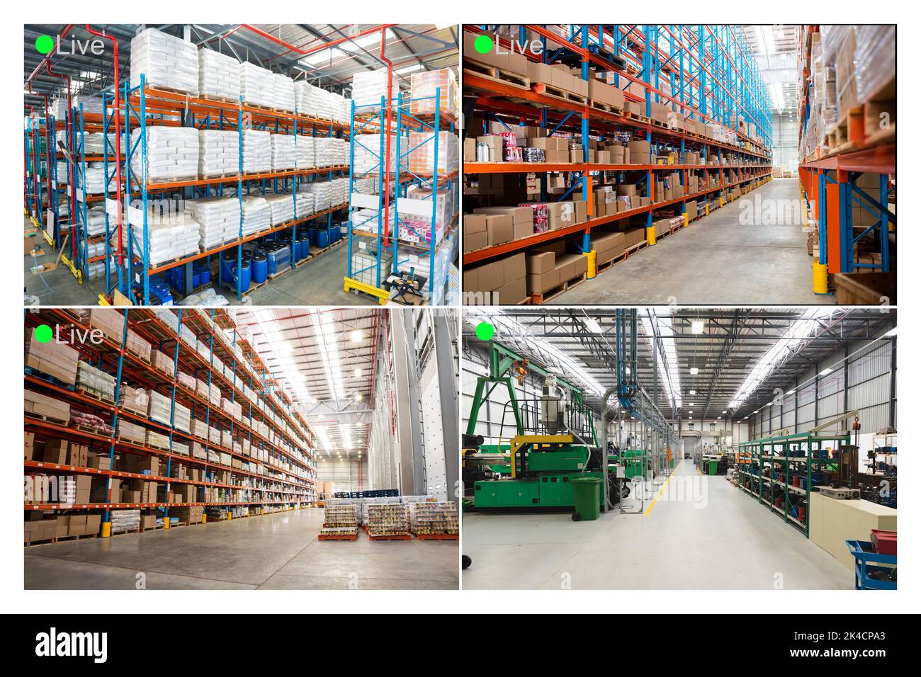 Composition of four security camera screens with live text and ...