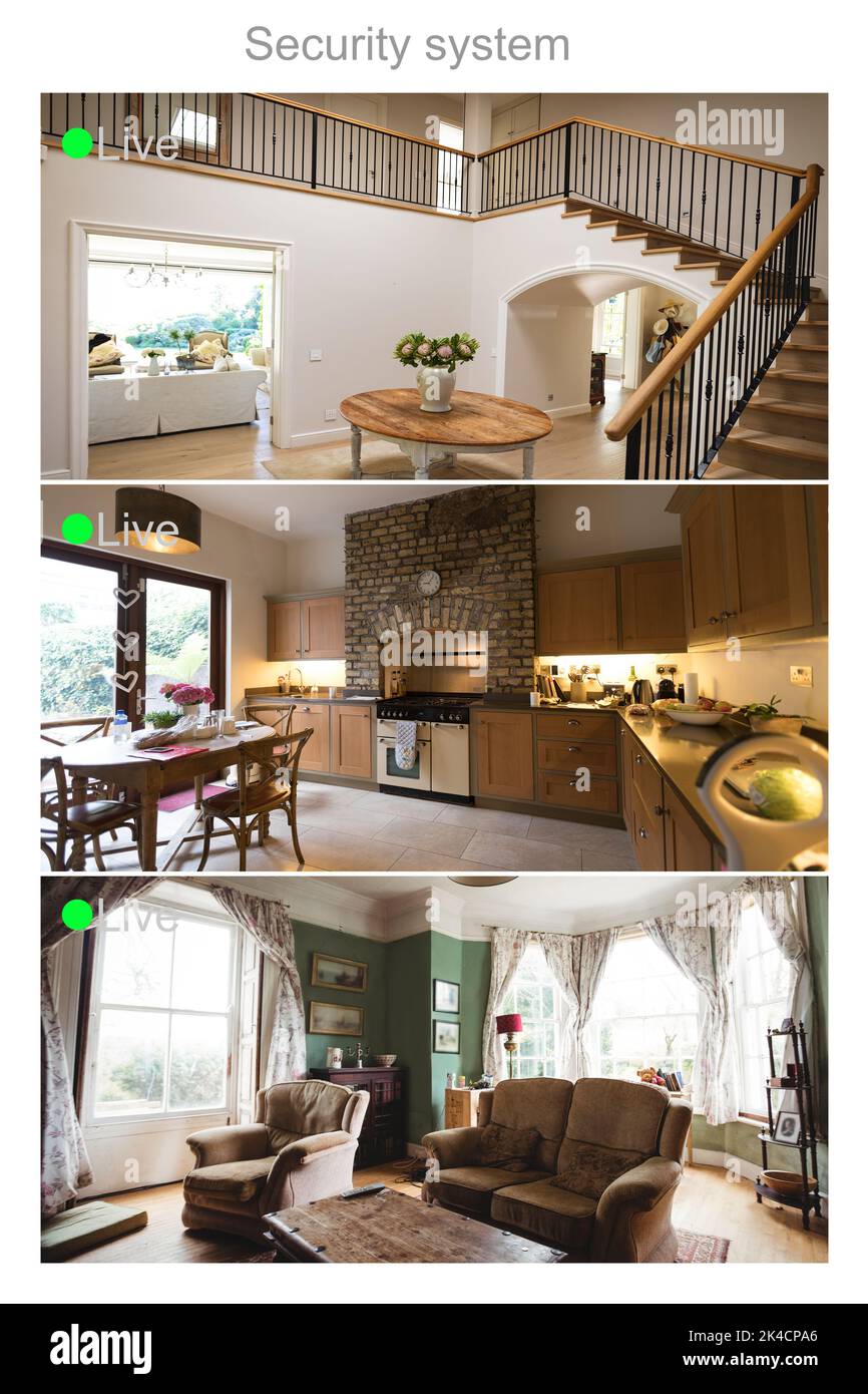 Composition Of Three Security Camera Screens With Live Text And House
