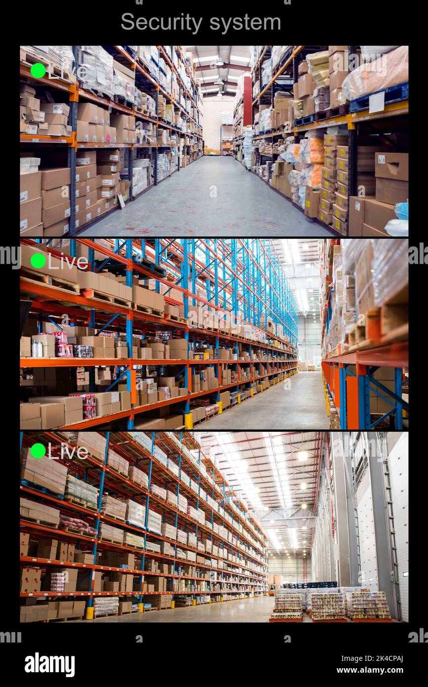 Composition of three security camera screens with live text and ...