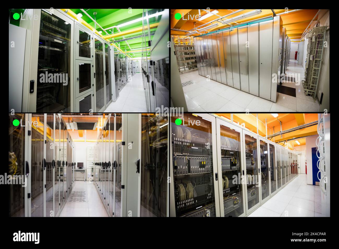 Composition of four security camera screens with live text and computer ...