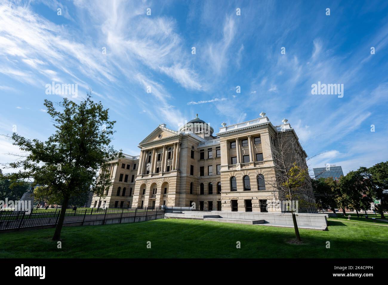 A low-angle shot of a Lucas county courthouse in Toledo Ohio with the ...
