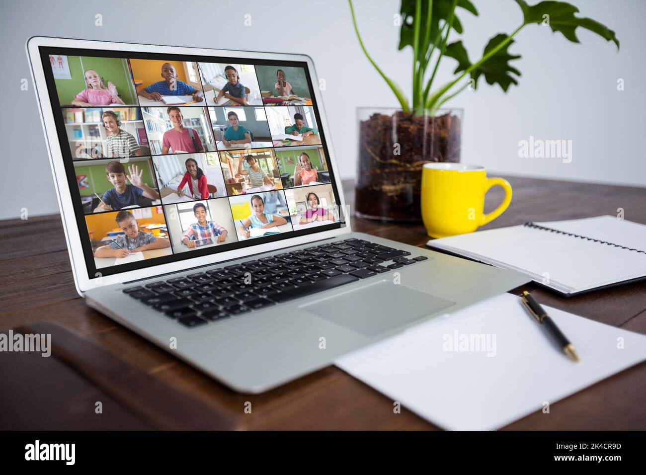 Smiling diverse elementary school pupils during class on laptop screen ...