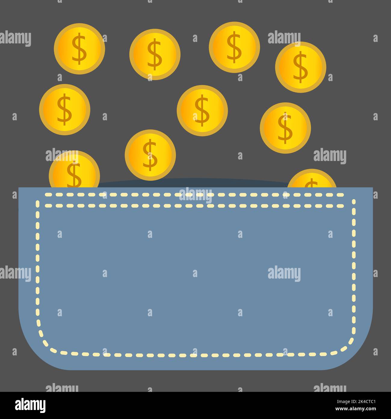 Shiny golden coins falling in the wallet isolated on the gray ...
