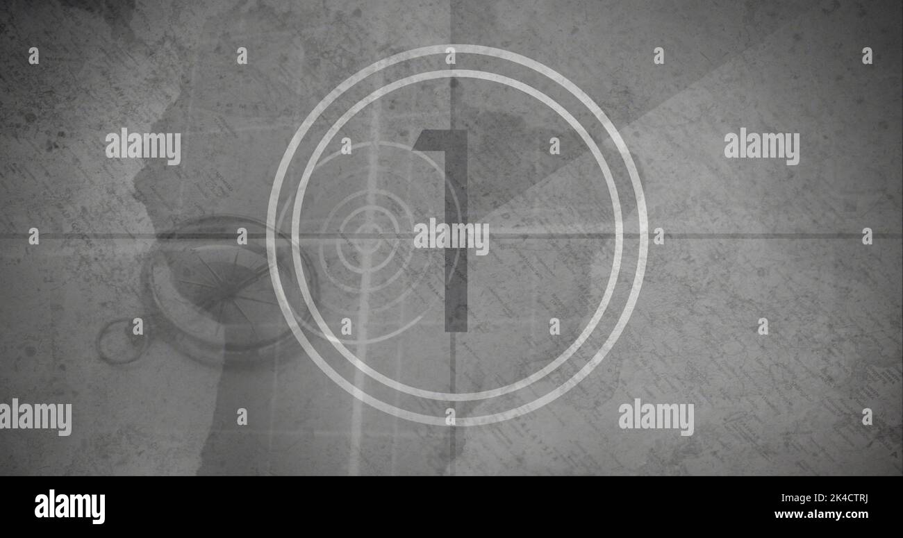 Image of number 1 in white circle over grey world map with circular ...