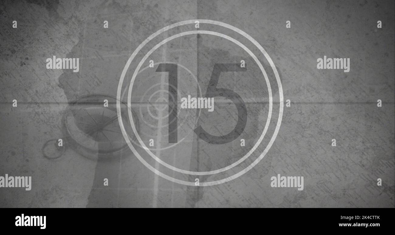 Image of number 15 in white circle over grey world map with circular ...