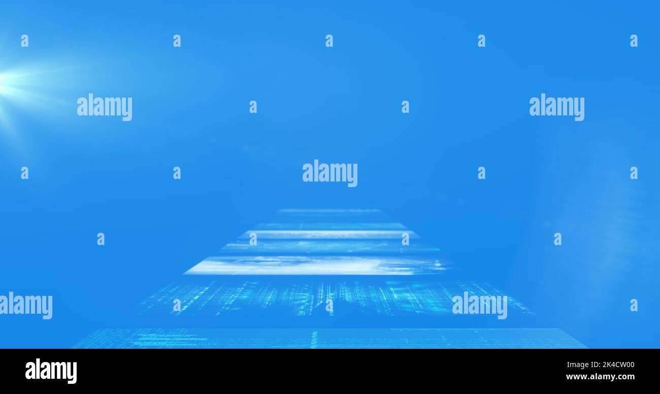 Image of data processing on interface screens over blue background with ...