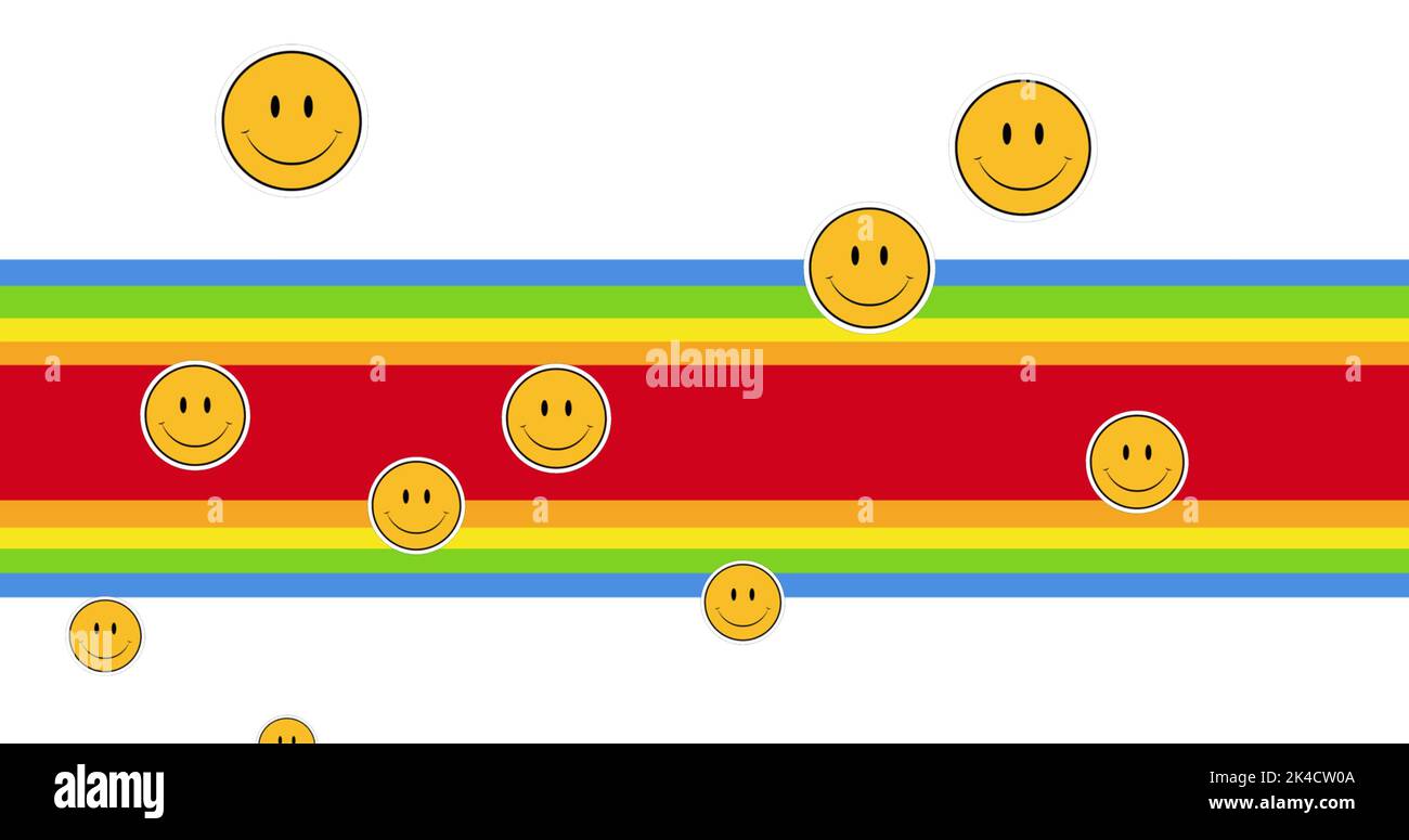Image of yellow smiley faces over band of blue, green, yellow, orange ...