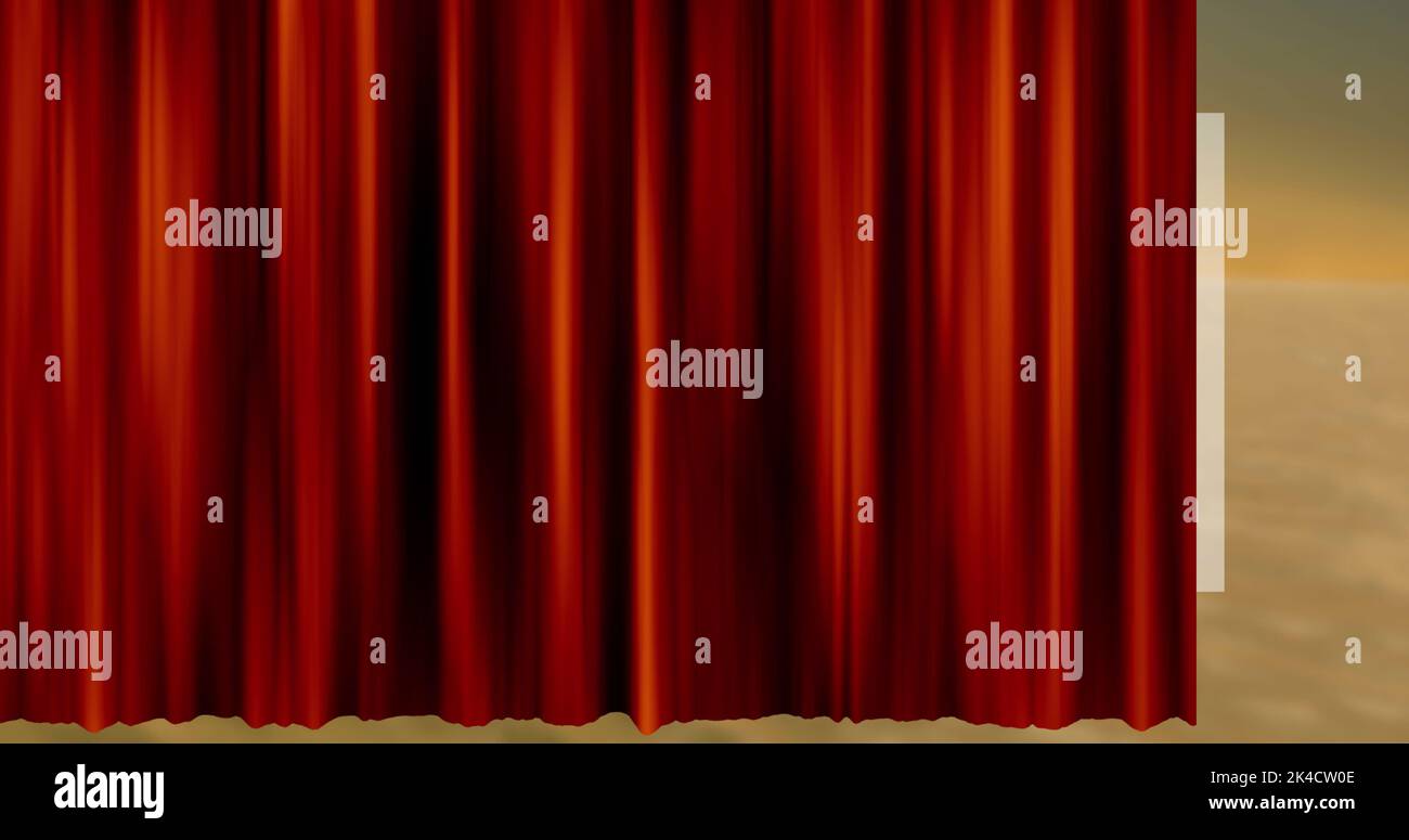 Image of part drawn red silk curtain with white edge over sand ...