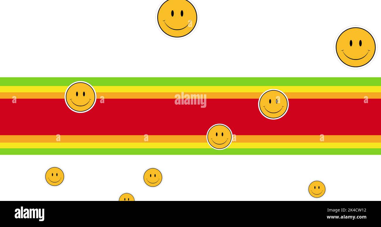 Image of yellow happy smiley faces over band of red, orange, yellow and ...