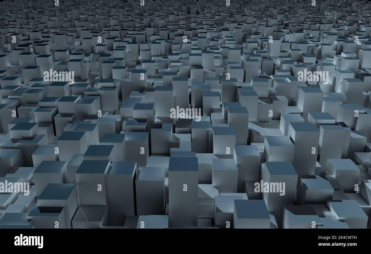 Abstract illustration of 3d grey blocks against black background ...