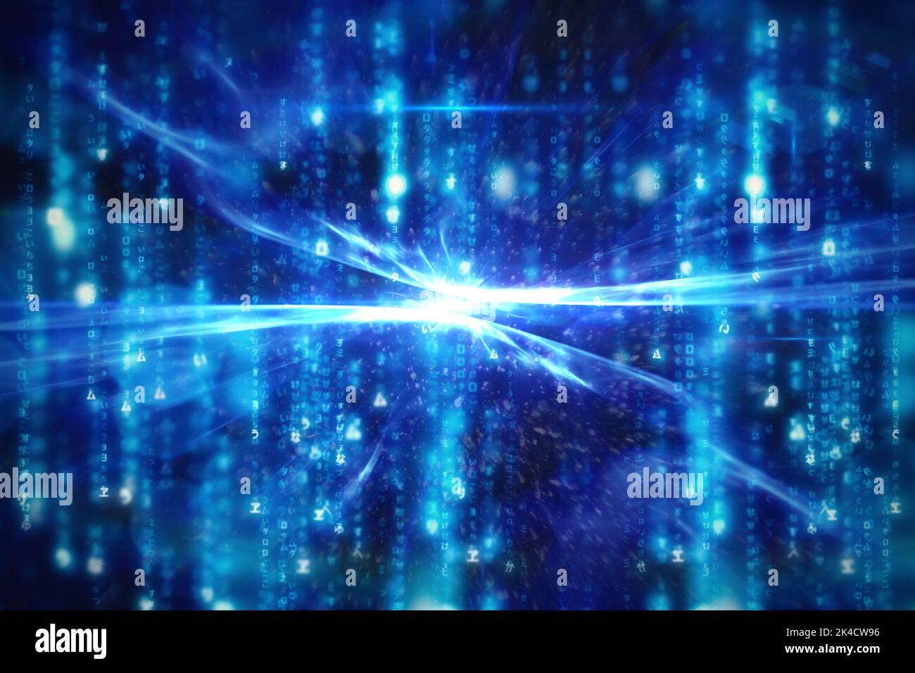 Abstract illustration of glowing light trails over data processing against blue background ...