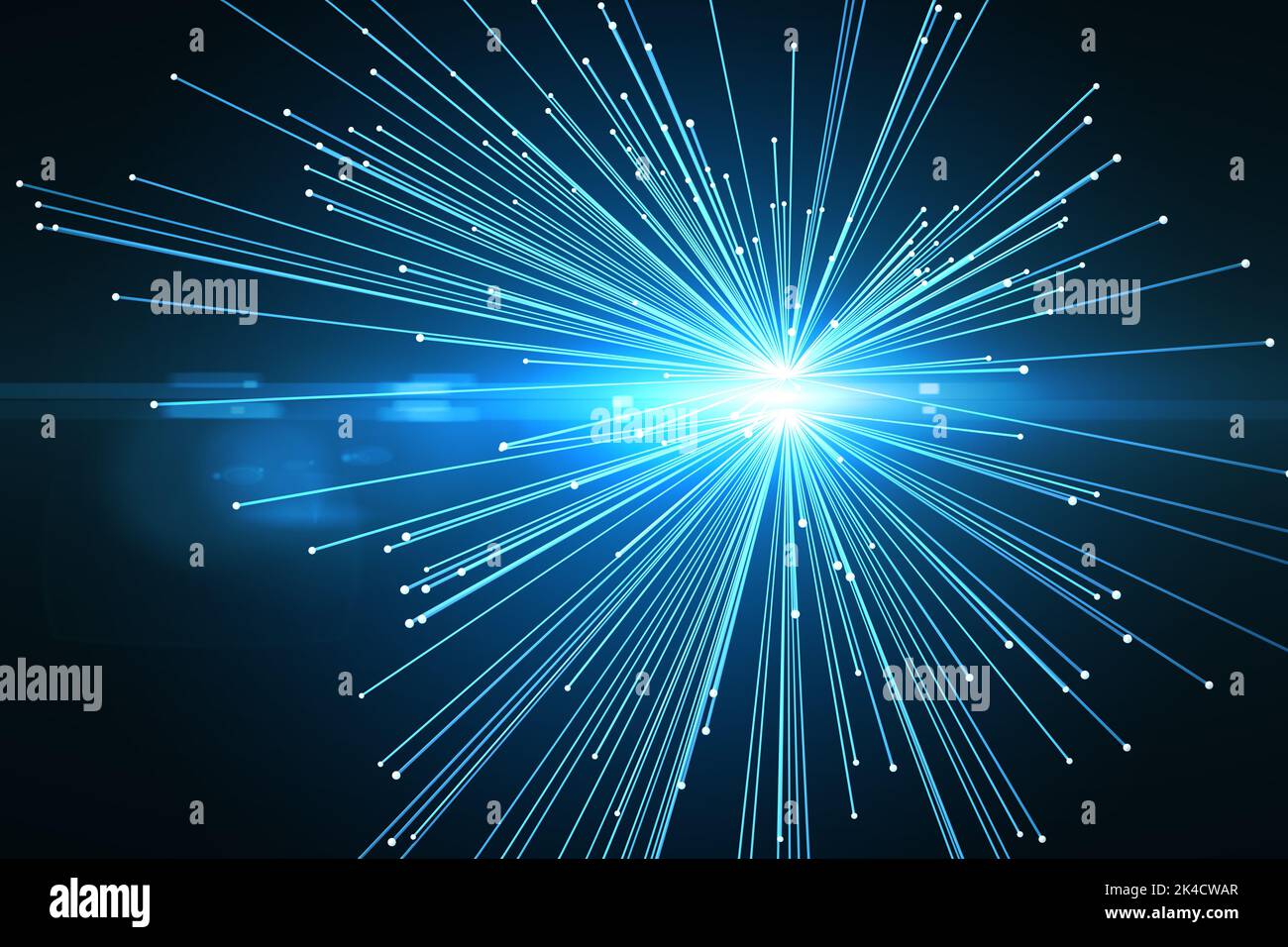 Abstract illustration of blue glowing light trails coming through spots of light against blue ...