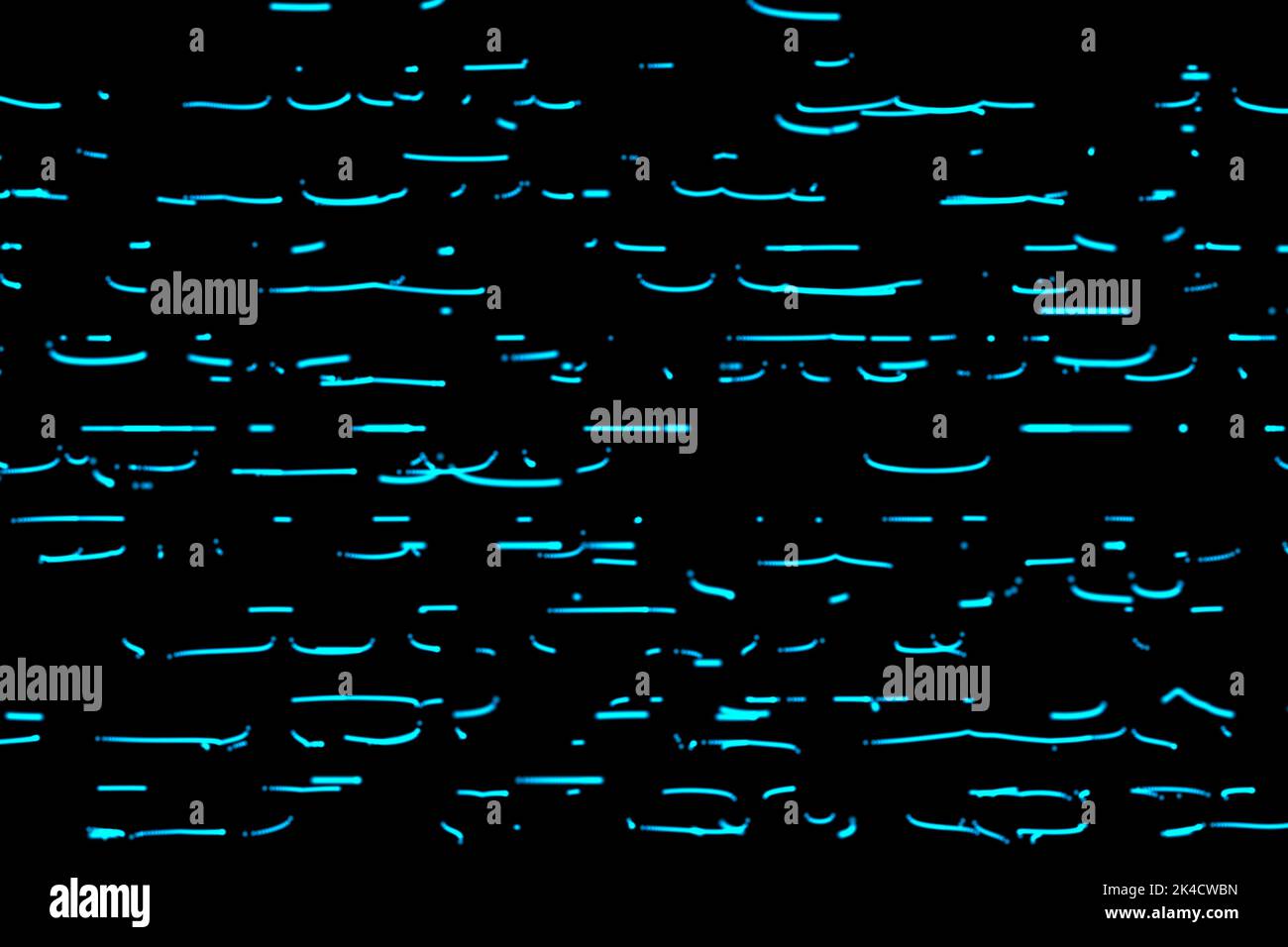 Abstract illustration of neon blue short lines against black background ...