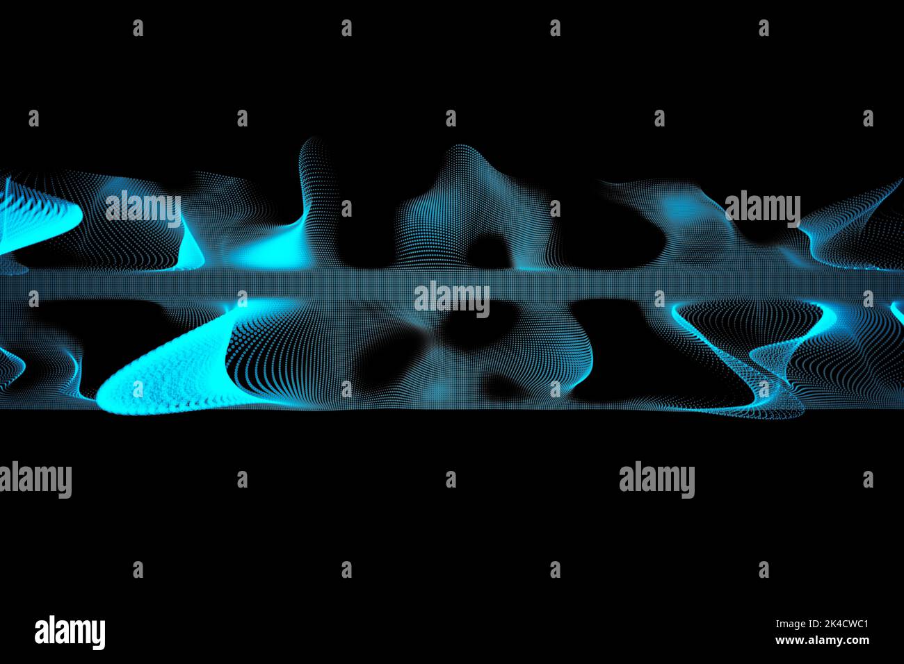 Abstract illustration of glowing blue digital mesh wave against black ...