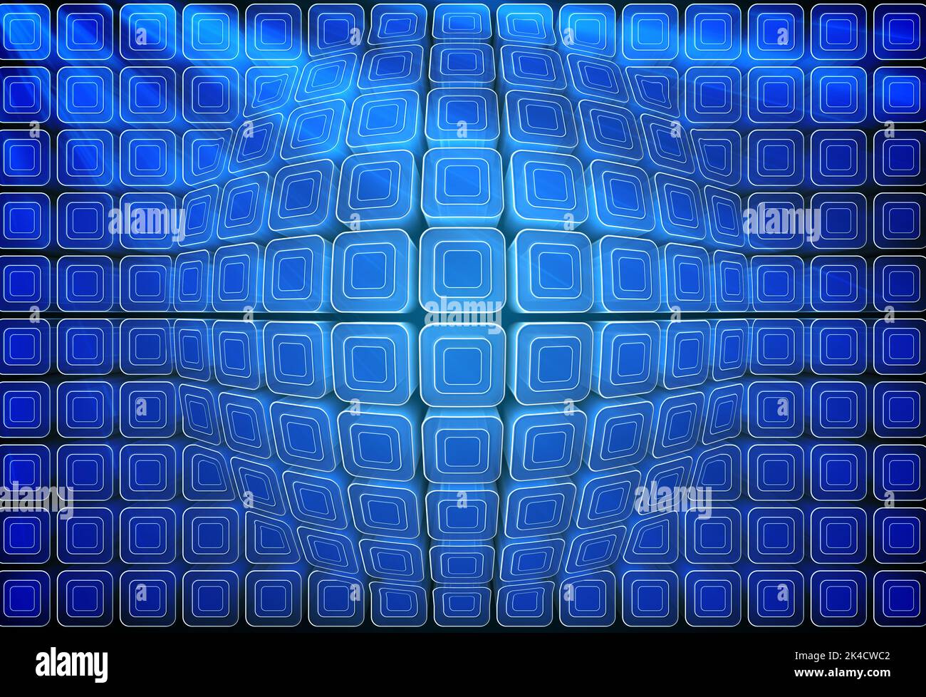 Abstract illustration of blue geometrical square shapes against black ...
