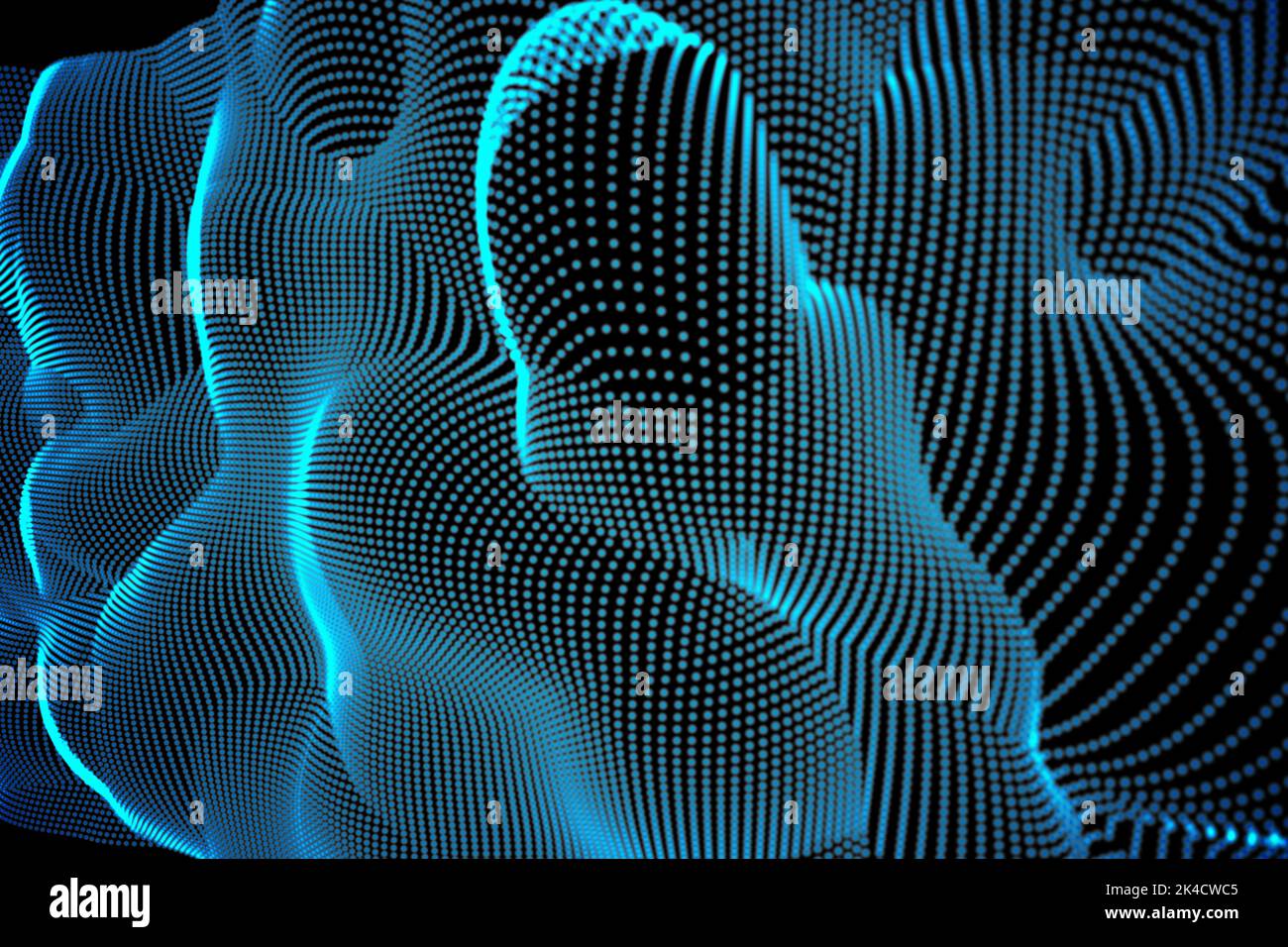 Abstract illustration of glowing blue digital mesh wave against black ...