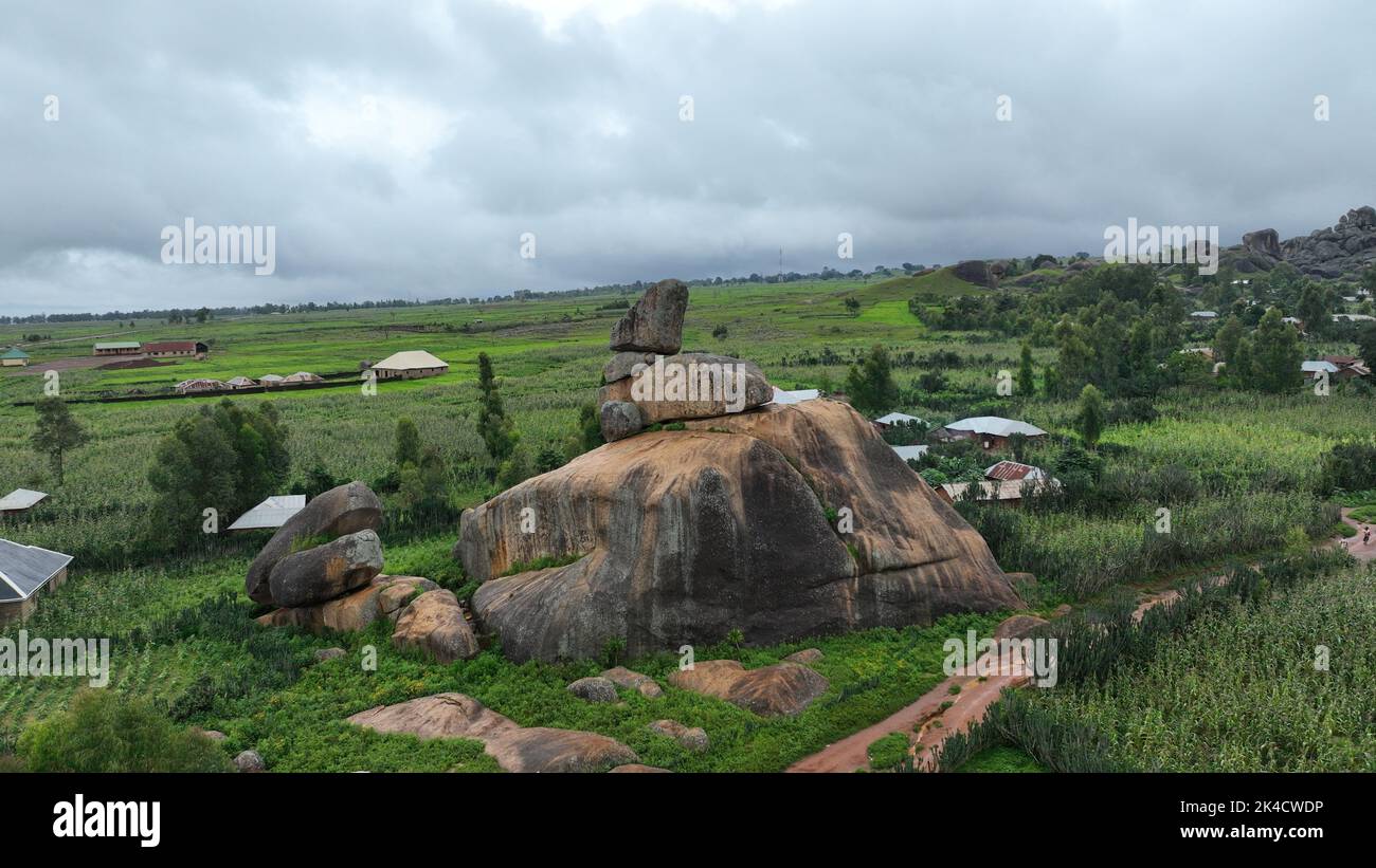 An aerial city view of Riyom rock in Jos, Nigeria from high above Stock ...