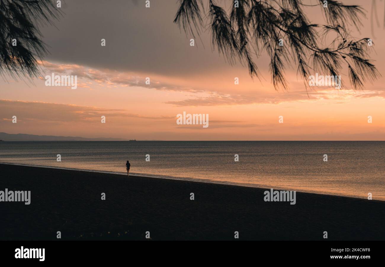 A beautiful sunset at the beach with the silhouette of one person Stock ...