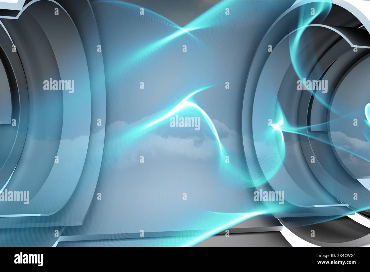 Abstract illustration of blue digital waves over two circular scope ...