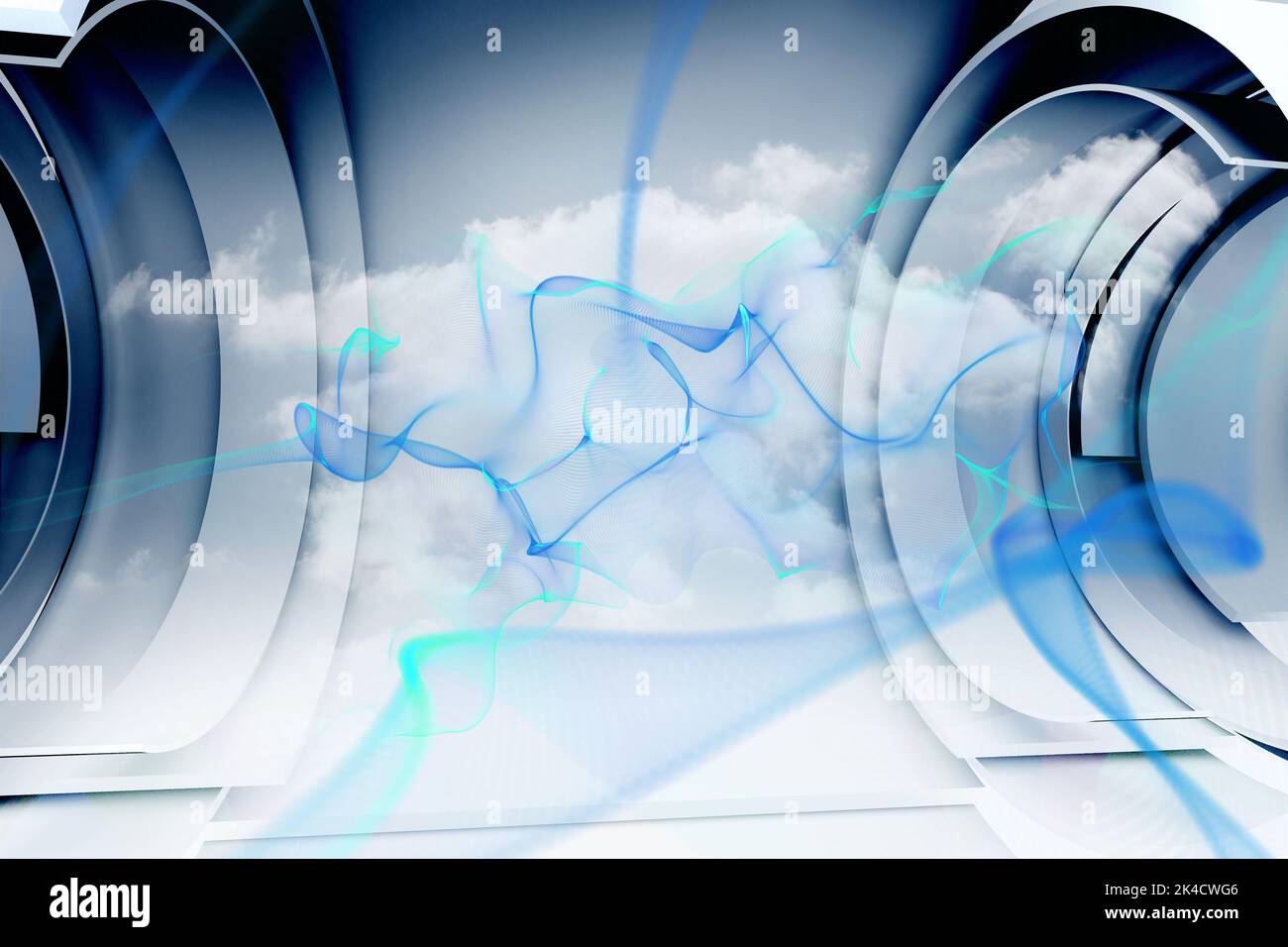 Abstract illustration of blue digital waves over two circular scope ...