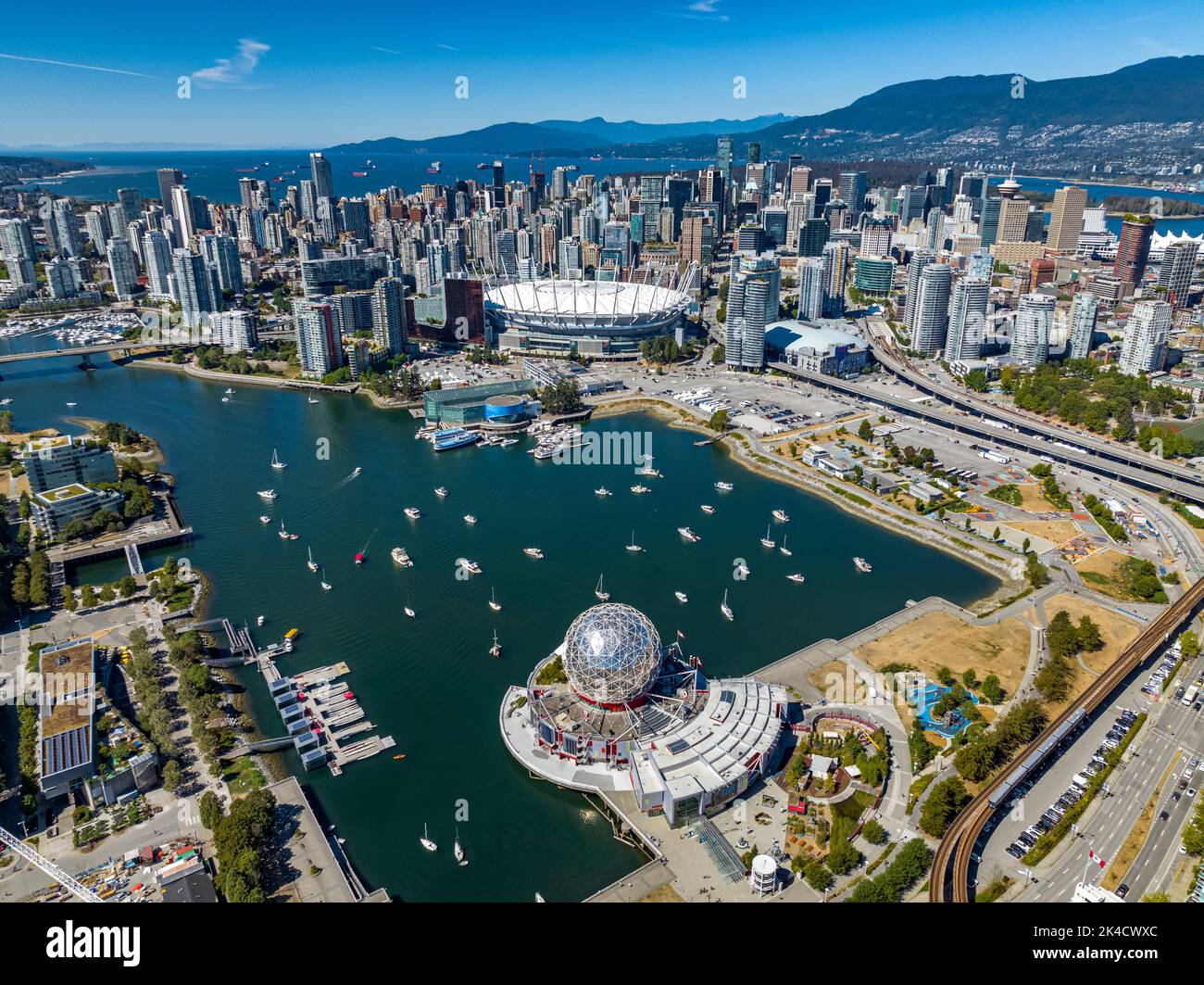 An aerial drone view of the cityscape of Vancouver with modern ...