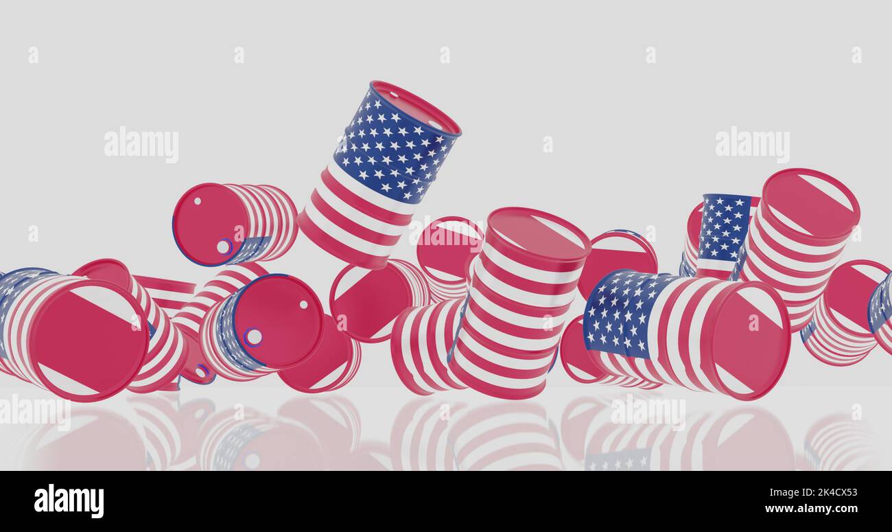 3d render of crude oil barrels in US flag dropping on ground for energy ...