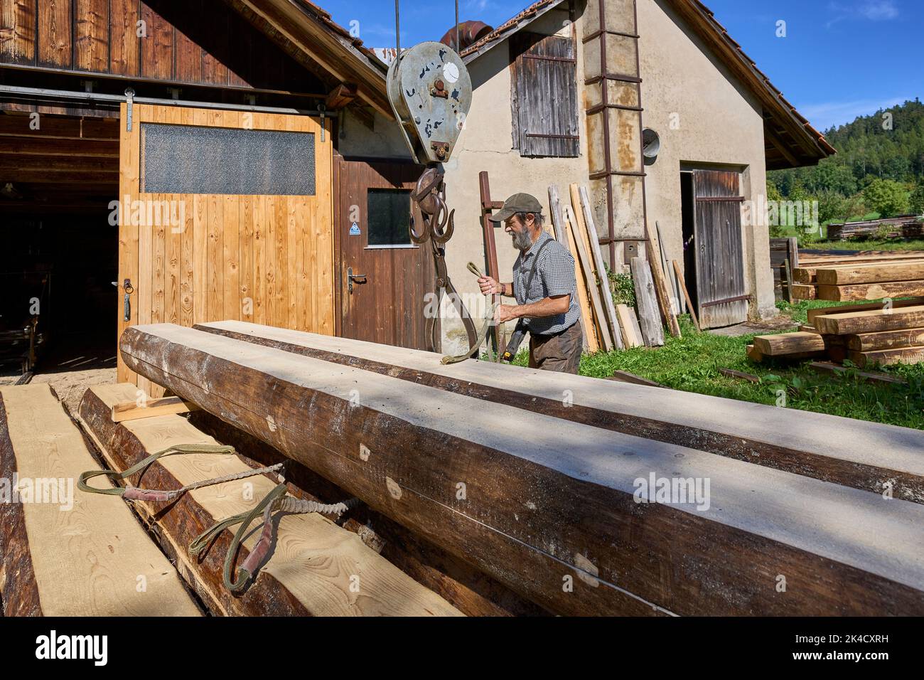 A carpenter working outside of the sawmill on a sunny day with woods in ...