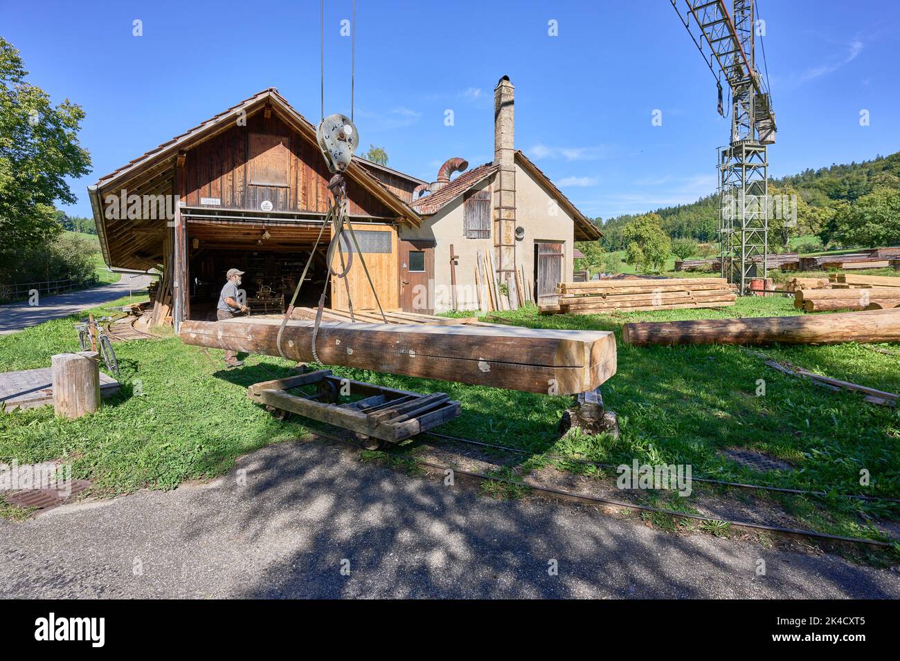 A carpenter working standing outside of the sawmill on a sunny day with ...
