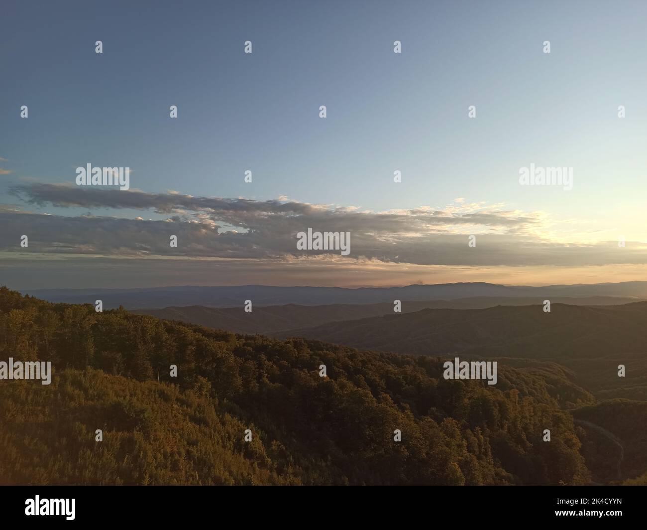 An aerial view of the sunset at the Cer mountain, Serbia Stock Photo ...