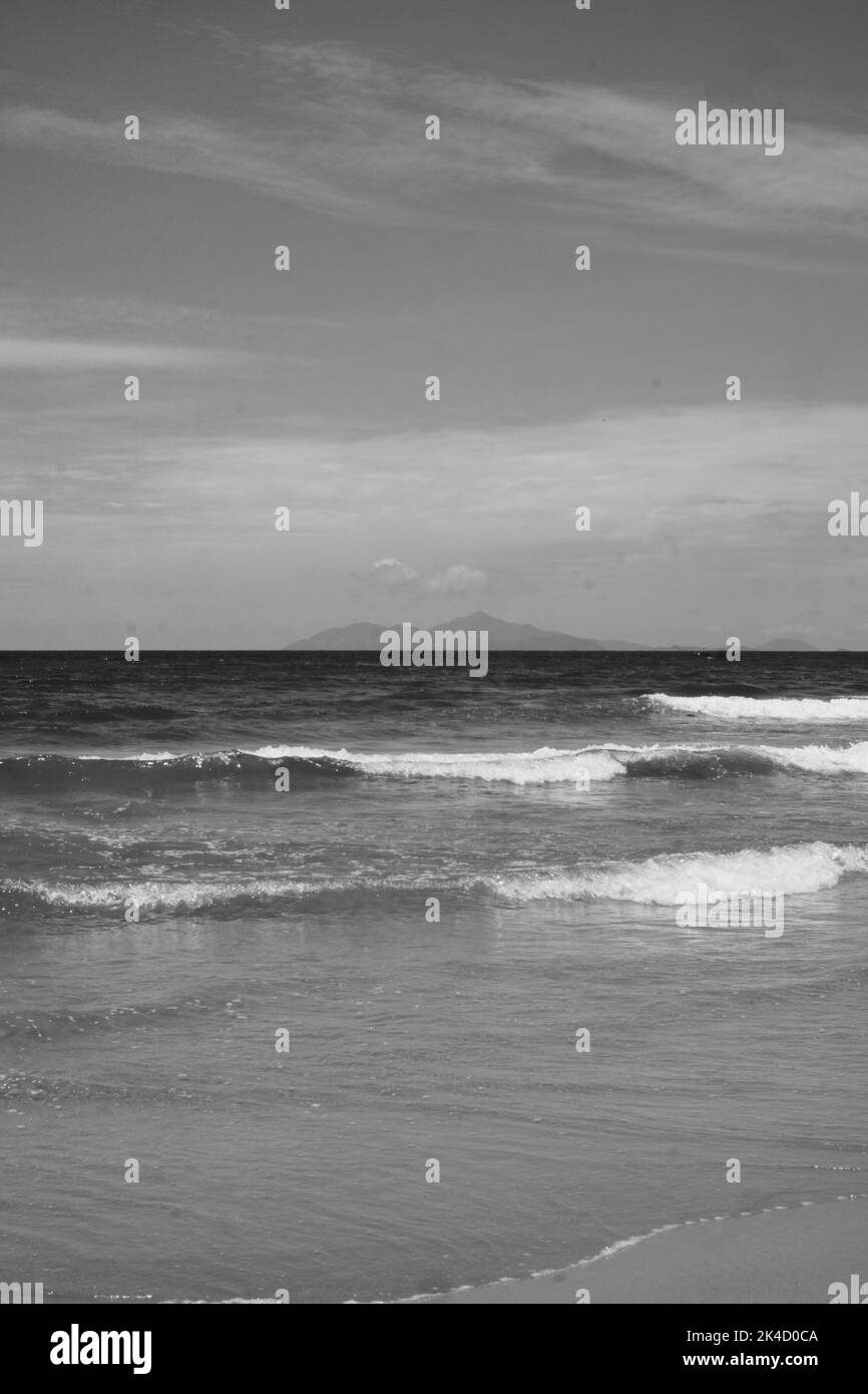 A vertical grayscale shot of ocean waves crashing on the shore Stock ...