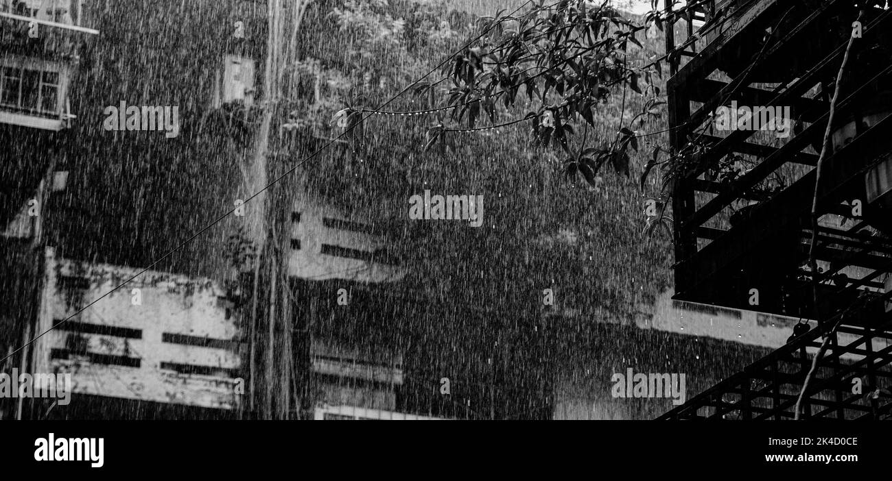 A grayscale shot of rain pouring in a city with buildings in the ...