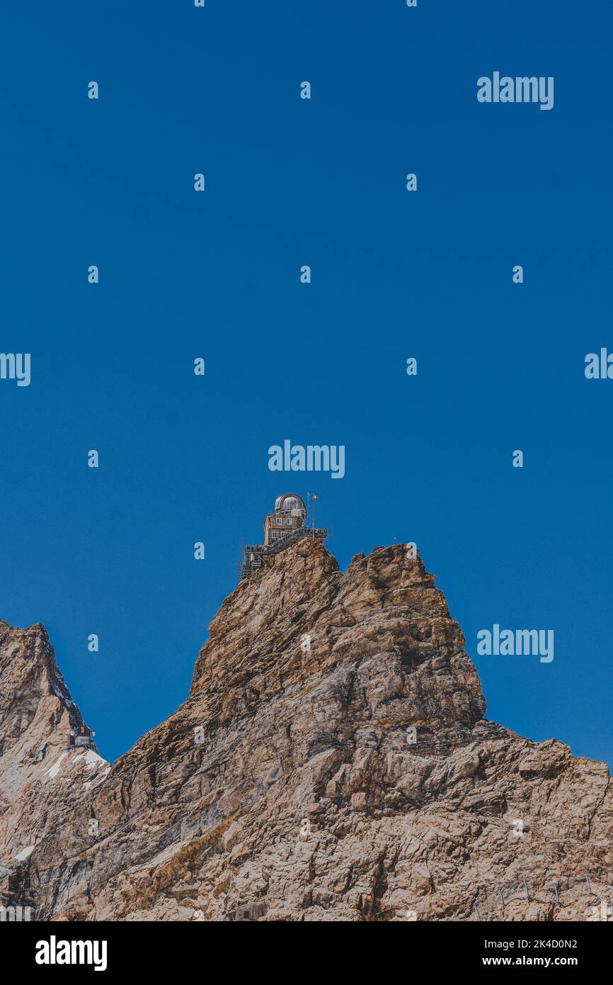 An aerial view of the Sphinx Observatory in Switzerland on a rocky ...