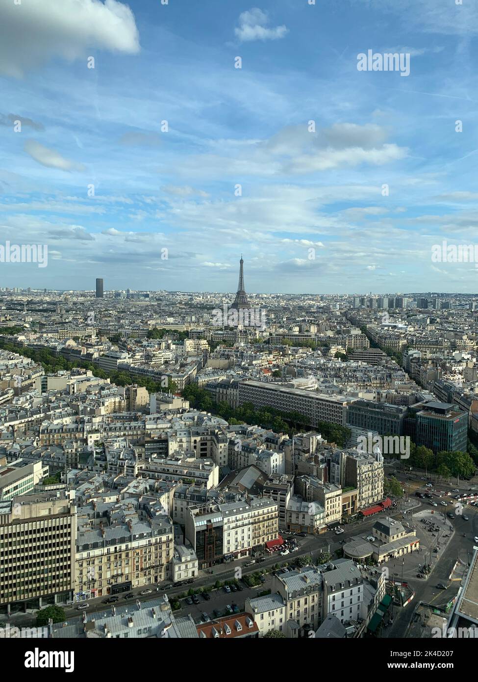A vertical aerial view of the skyline of Paris with the Eiffel Tower in ...